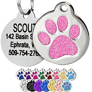 GoTags Paw Print Round Stainless Steel Pet Tag for Dogs and Cats, Personalized with 4 Lines of Custom Engraved ID Name and Number, in Stainless Steel and 15 Colors Small and Large, Glitter Light Pink