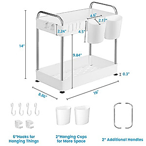 Cosy Life Under Sink Organizers and Storage, Kitchen Cabinet Organizer with 6 Hooks, 2 Hanging Cups and Anti-foot, 2 Tier Under Sink Organizers for Home Bathroom Kitchen