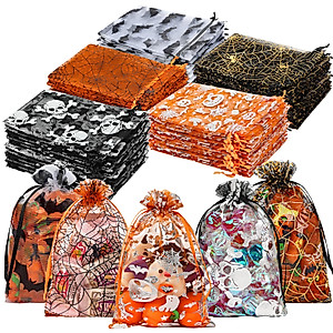 JOINDO 100 pcs Halloween Treat Bags for Candy, 4x6 Drawstring Organza Goodie Bags, Small Gift Bags for Party Favor (Pumpkin, Spider web, Skull, Bat)