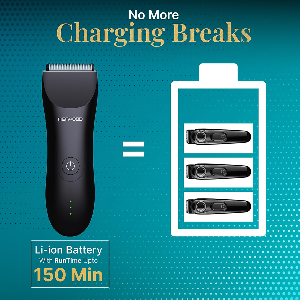 MENHOOD Groin Hair Trimmer for Men Cordless Waterproof Electric Ball Trimmer 1.0, Replaceable Ceramic Blade Heads, Ultimate Body Groomer Shaver for Pubic Hair, 150Min Run Time Trimmer