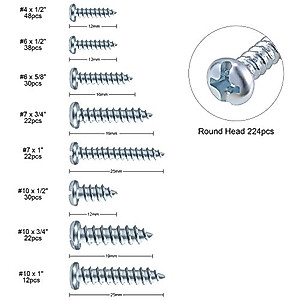 FARRAY Wood Screws, 224pcs Wood Screws Assortment Kit, Galvanized Carbon Steel Phillips Screw Set, Round Head Screws, Assorted Screws, Assorted Wood Screws, Screw Set Assortment, Self Tapping Screws
