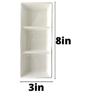 Needzo White Rectangle Dinnerware Platter, 8 Inch, 3 Compartment Ceramic Long Sushi Plate, Serving Tray for Dinner, Appetizers, and Dipping Sauces