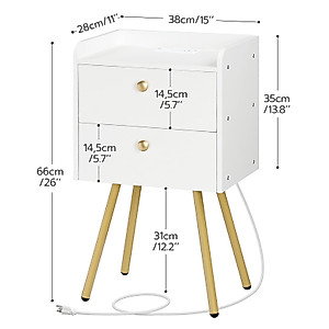 HOOBRO Nightstand with Charging Station, Modern Side Table with 2 Drawers, Stylish Sofa Side Table, Multiple Charging Ports, Metal Legs, Sofa Bedside Table, for Bedroom, White and Gold DW89UBZ01G1