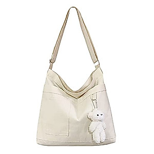 Kehpish Economical Cotton Tote Bag, Reusable Womens Canvas Tote Bag with 3 External Pocket, Top Zipper Closure White