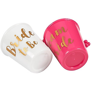 Sparkle and Bash 6-Pack Team Bride and Bride To Be Plastic Beaded Shot Glasses Necklaces - Perfect for Bachelorette, Hot Pink and White with Gold Font - 30.4 Inches Long