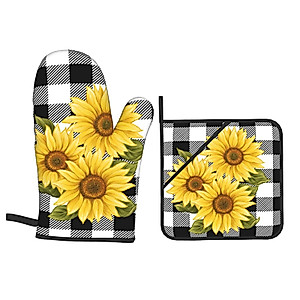 Sunflower Black White Buffalo Plaid Oven Mitts and Pot Holders Sets of 4 High Heat Resistant Yellow Floral Lumberjack Check Oven Mitts with Oven Gloves and Hot Pads Non-Slip Potholders for Kitchen BBQ