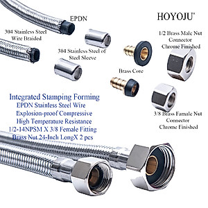 Braided Faucet Connector Supply Hose 1/2"-14NPSM Brass Nut X 3/8 Female Fitting Stainless Steel Lead-Free 24-Inch Long x 2 Pack