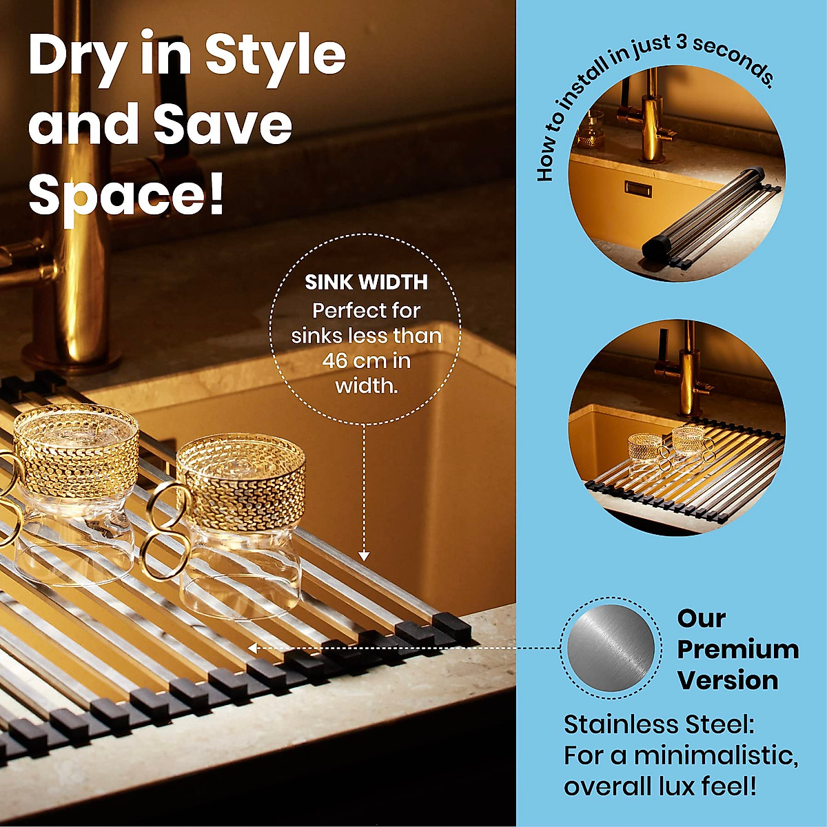 Happy Sinks Roll Up Dish Drying Rack - Foldable Stainless Design for Maximizing Kitchen Space - Over Sink Rack - Stainless Steel Over Sink Dish Drainer 18.1" x 12.6" - Drying Rack Kitchen (Steel)