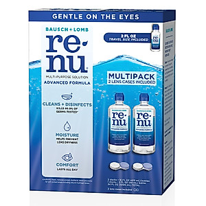 Renu Contact Lens Solution Multipurpose Disinfectant, Advanced Formula Lens Cleaner, Cleans & Moisturizes Soft & Silicon Hydrogel Lenses, Multi-Pack 16 Fl Oz (Pack of 2) + 2 Fl Oz Travel Size