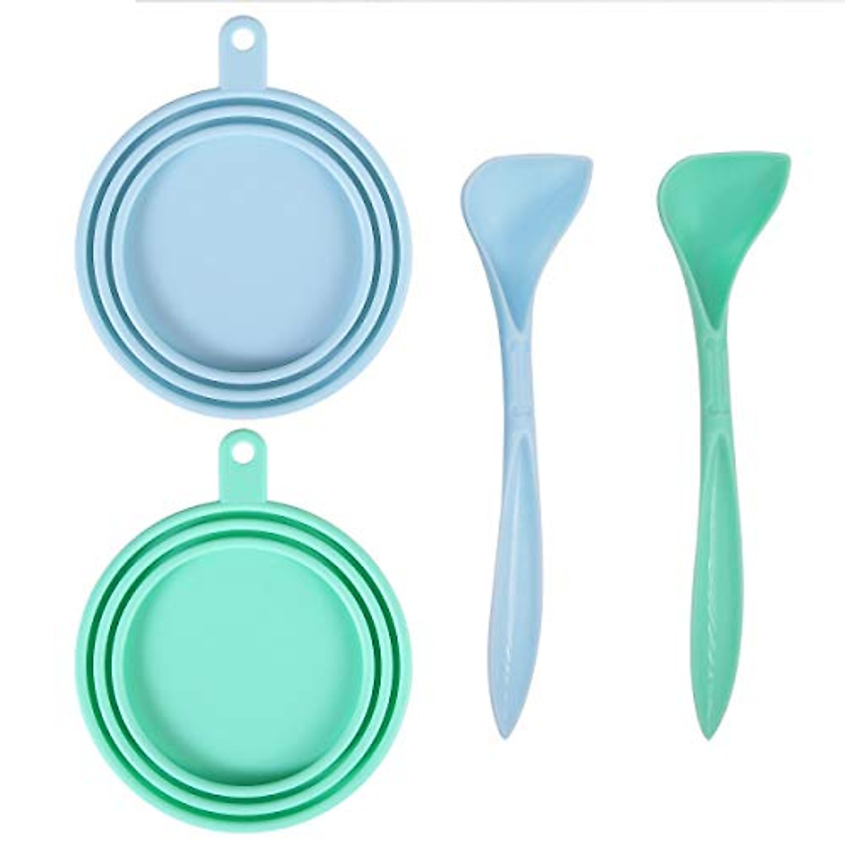SLSON 2 Pack Pet Food Can Cover Universal Silicone Cat Dog Food Can Lids 1 Fit 3 Standard Size Can Tops with 2 Spoons,Light Blue and Green
