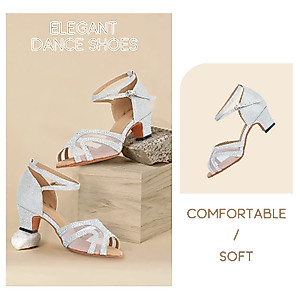 FUKZTE Womens Ballroom Dance Shoes for Social Salsa Latin Dance Dress Shoes Womens Open Toe Dancing Shoes,Silver 1.97 inch Heel,8.5 US