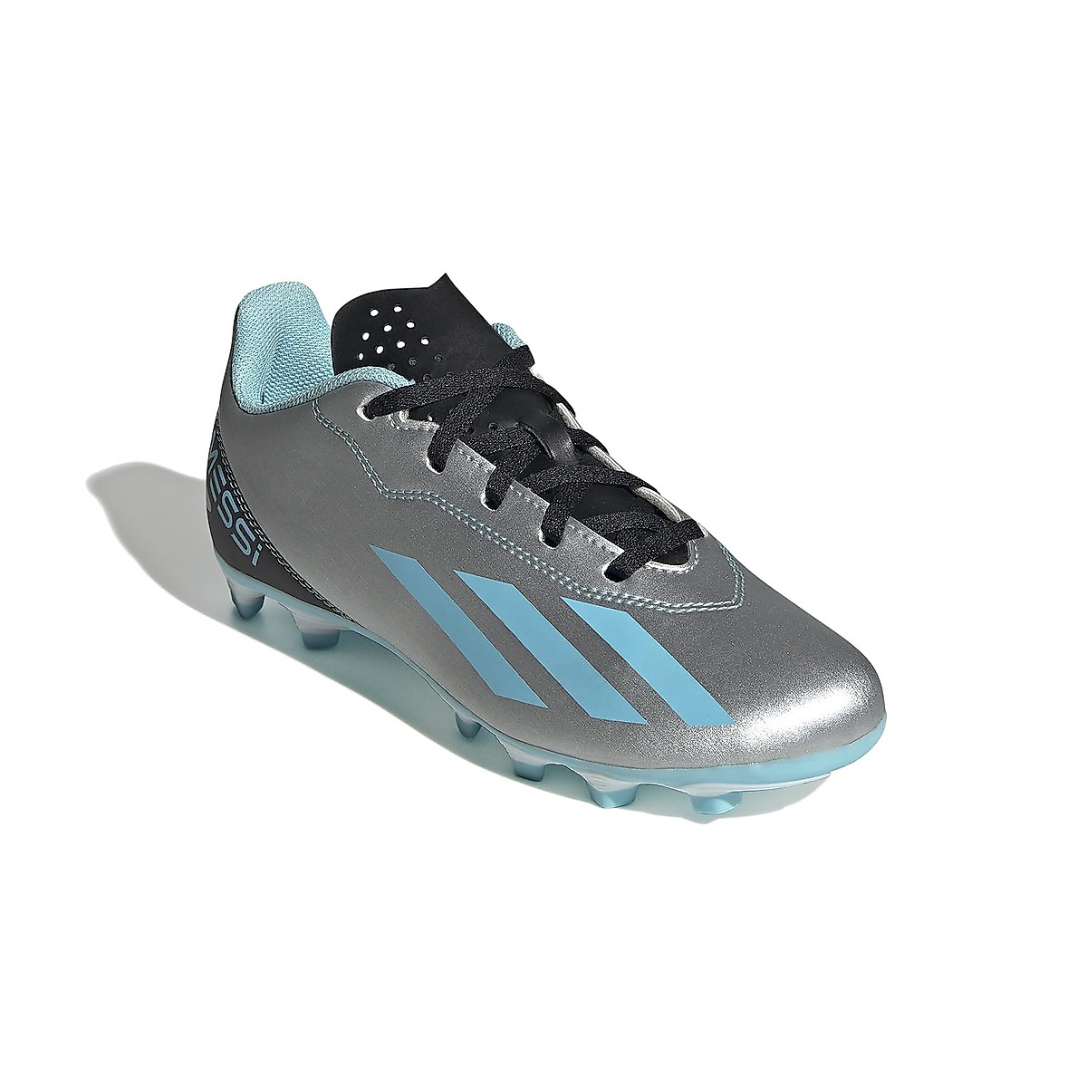 adidas X Crazyfast Messi.4 Firm Ground Sneaker, Silver Metallic/Bliss Blue/Core Black, 2 US Unisex Little Kid