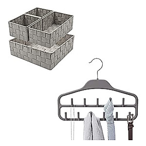 ELONG HOME Woven Storage Basket with Durable Metal Frame, Woven Strap Baskets for Organizing, Set of 4, and Sturdy Belt Organizer 360 Degree Swivel, 11 Large Sturdy Belt Hooks