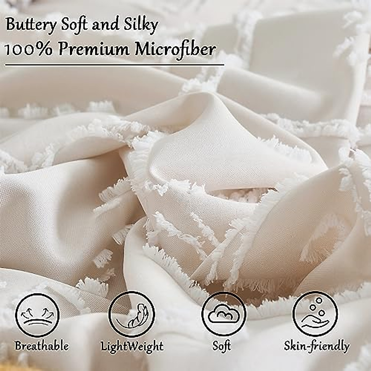 Senville Tufted Duvet Cover King Size,Jacquard Geometric Pattern,Soft Lightweight Beige Duvet Covers Set for All Seasons,3 Pieces Boho Shabby Chic Bedding Set with Zipper Closure(Cream Beige,King)