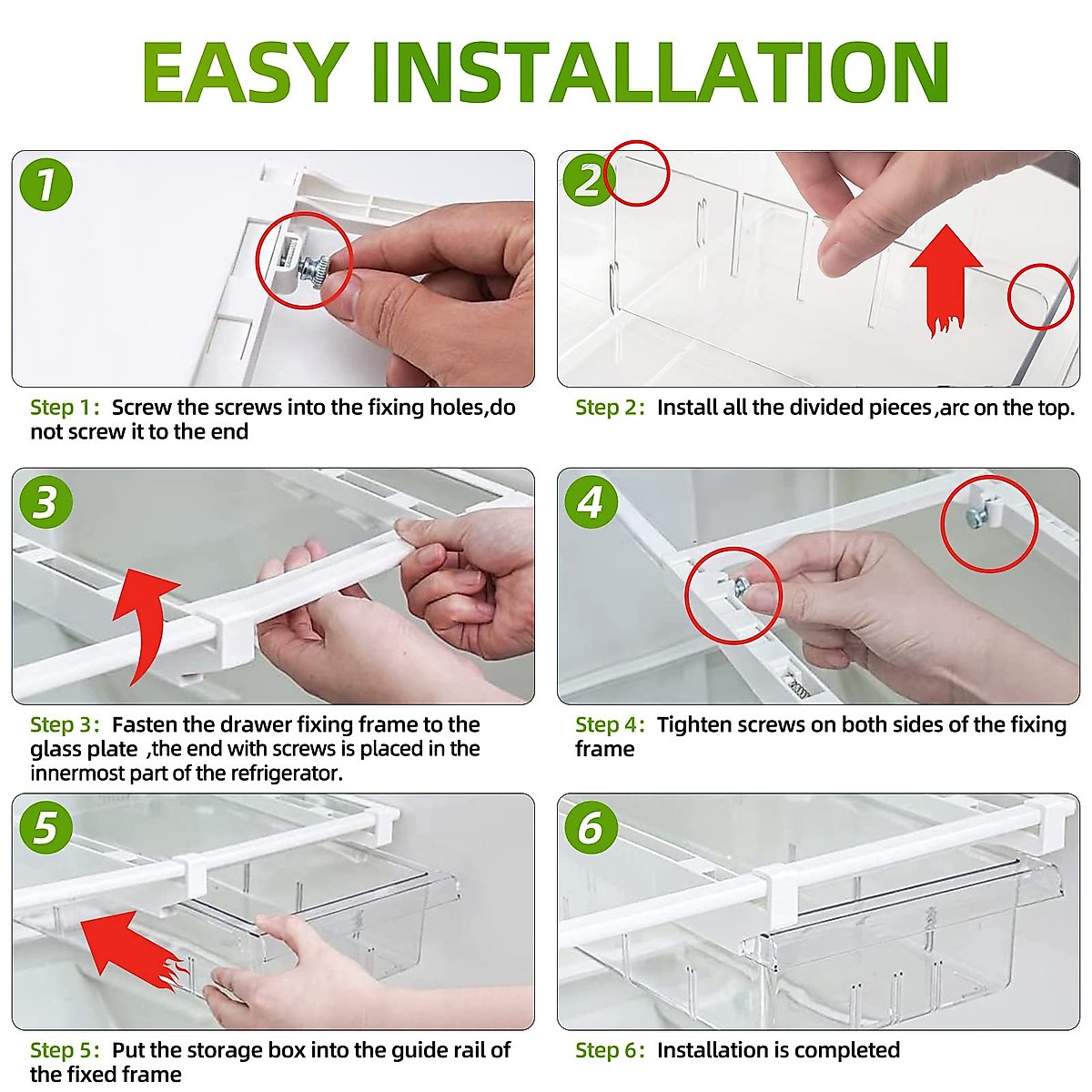 FineNoke Fridge Drawer Organizer,Refrigerator Organizer Bins,Fridge Storage Box Shelf Holder,Pull Out With Handle,Clear Container For Food,Drinks,Fit for Fridge Shelf Under 0.6" (2-Pack,4-grid)