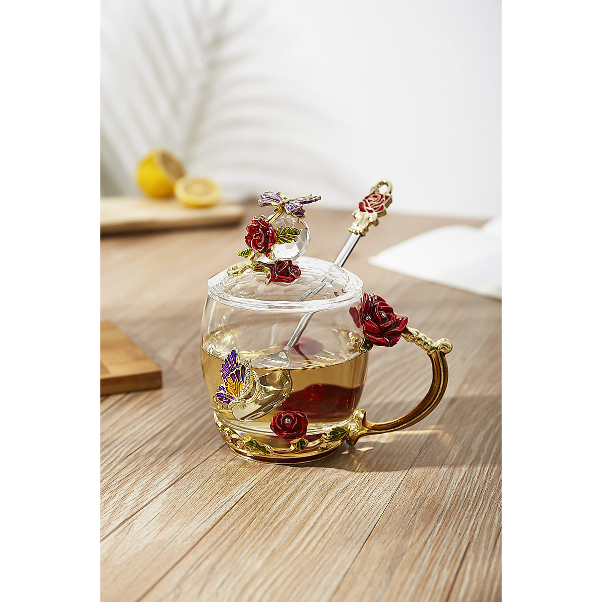 Guon-Wuvl Flower Teacup Transparent Glass Teacup, (With Spoon + Lid), Fancy Tea Cups, Flower Tea Cup,Tea Cup Gift, Gifts for Women,Mother's Day Present，Gift Box. (Rose Red Short Cup)