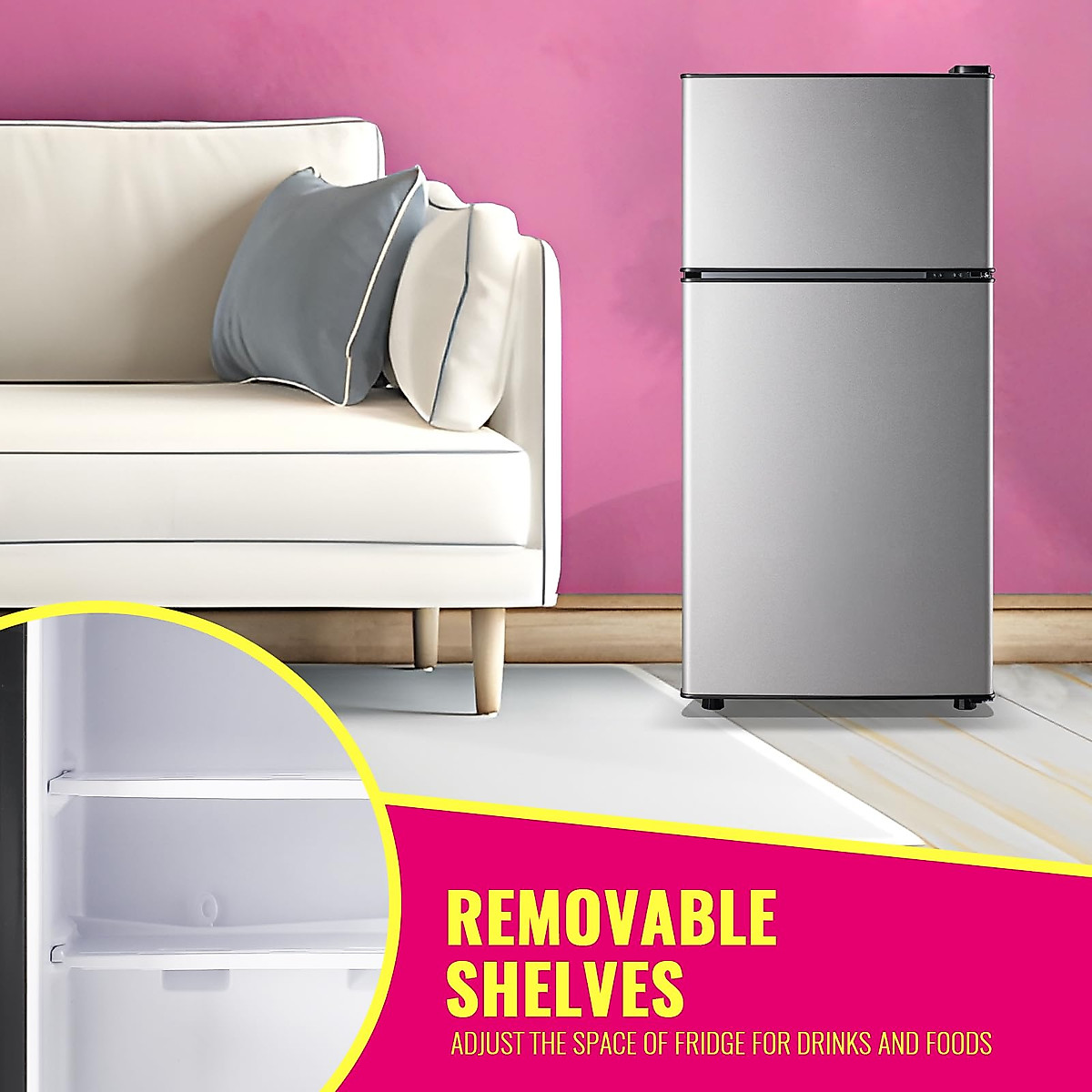 DEMULLER 2.4 Cu.ft Mini Fridge with Top Freezer Apartment Size Dual Door Compact Refrigerator for Personal Use Small Fridge with Egg tray, 7 Temperature Control For Dorm, Silver