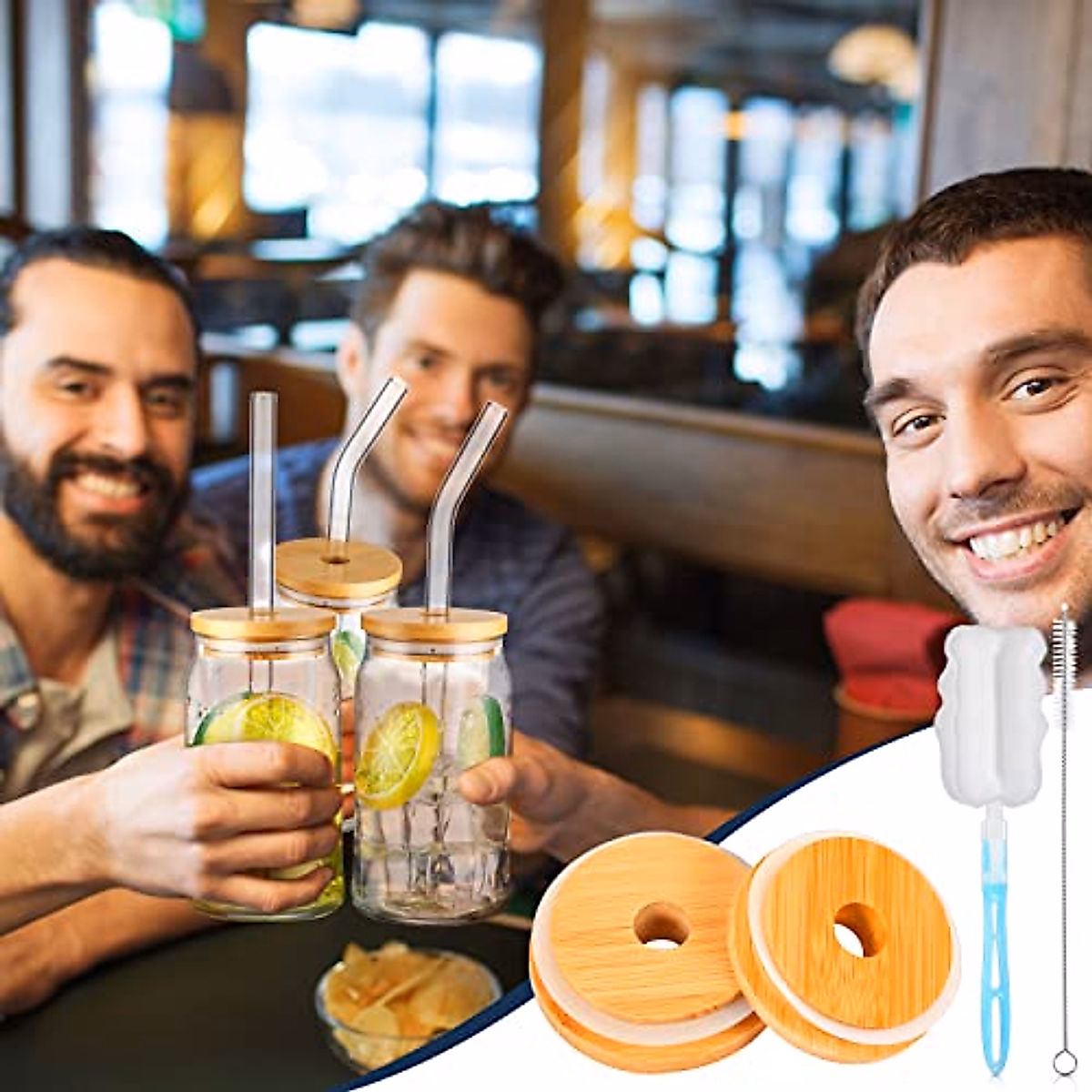 16 oz Beer Glasses Lids with Straw Hole Drinking Glass Cups Anticorrosion Beer Can Cups Lids Bamboo Lids with Brush for 16 oz Canned Beer Glasses Jar Glasses and Cans (12 Pack)