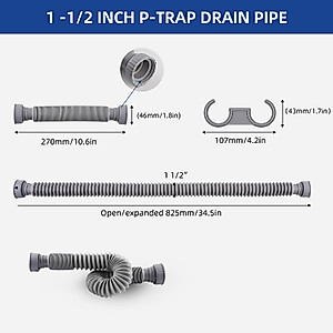 iFealClear 2 Pack 1-1/2" P-Trap Pipe, Flexible Sink Drain Pipe with 2 Rubber Sealing Rings, Flexible Drain Pipe Expandable 11"-34.5" P Trap Tubing Pipe for Kitchen Sink & Garbage Disposal, Gray