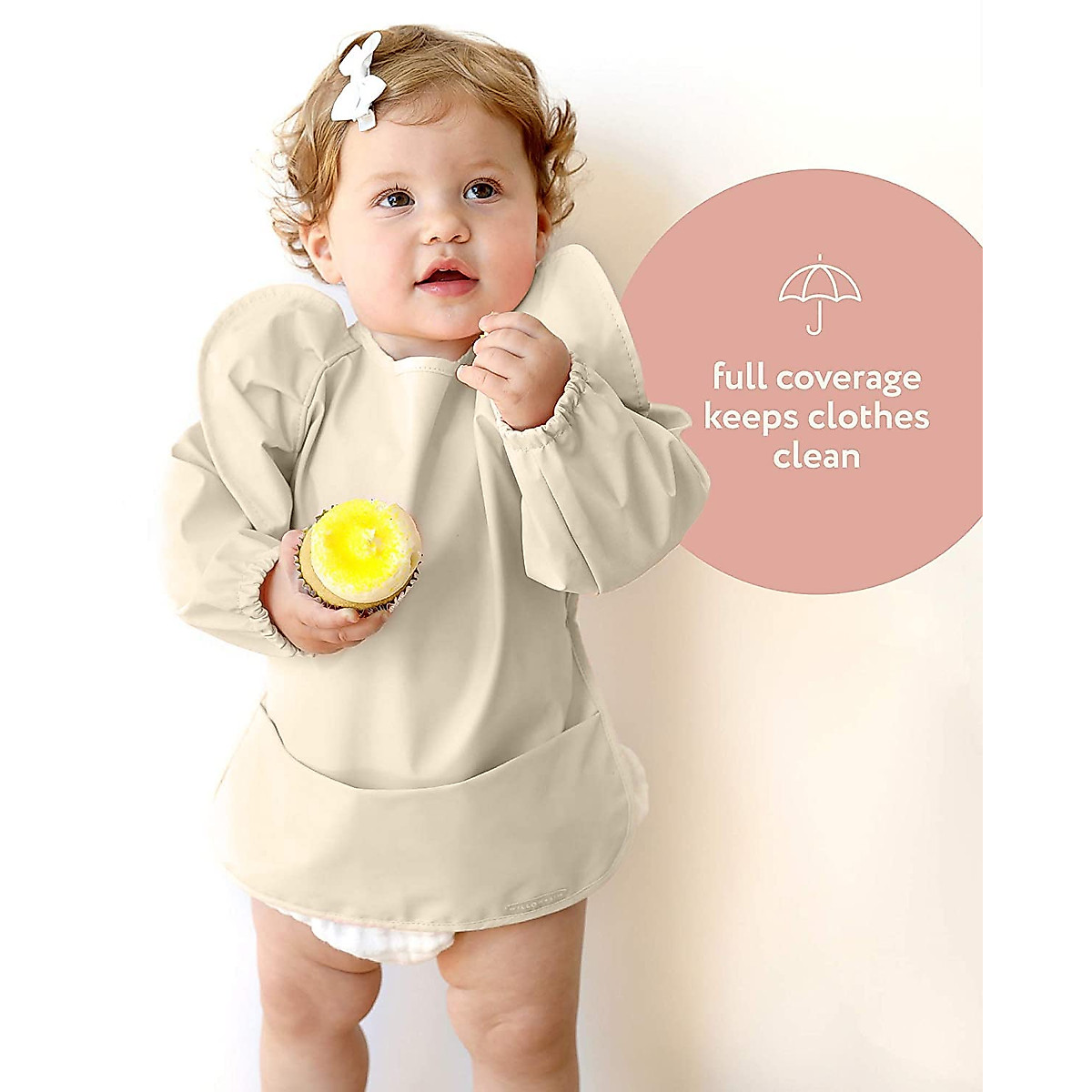 WILLOW + SIM Long Sleeve Baby Bib - Mess-Proof Feeding Bib for Babies 6-24 Months - Parchment