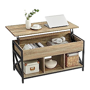 VASAGLE Lift Top Coffee Table for Living Room, Industrial Coffee Table with Hidden Compartments and Storage Shelf, Steel Frame, 19.7 x 39.4 x (19.3-24.4) Inches, Oak with Blue Grains ULCT202B60