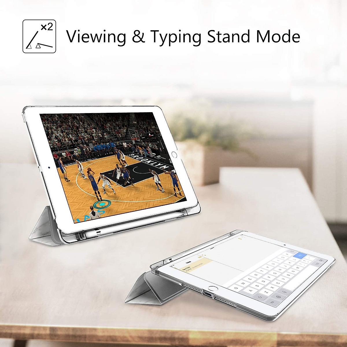 Fintie Case with Built-in Pencil Holder for iPad 6th / 5th Generation - Lightweight SlimShell Cover with Translucent Frosted Back, Supports Auto Wake/Sleep for iPad 9.7 Inch 2018/2017, Marble White