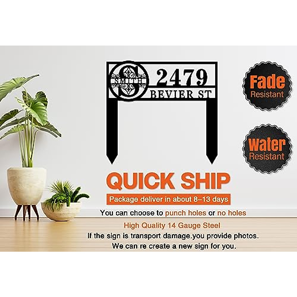 Personalized Metal Address plaque with Monogram displays your address and street name, House Number Address Sign, Personalized Metal Yard Stake House Address Name Sign