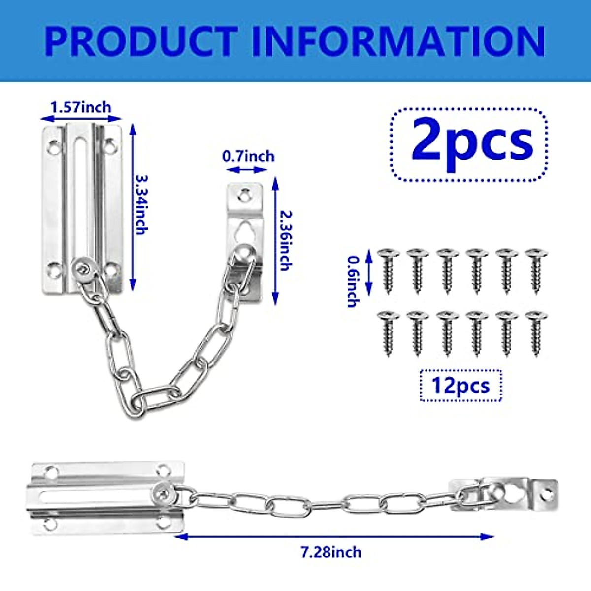 Door Chain Lock, 2 Pack Stainless Steel Chain Locks with 12 Screws, Sliver Security Thickened Chain Guard with Lock for Inside Door Kids Home Safety