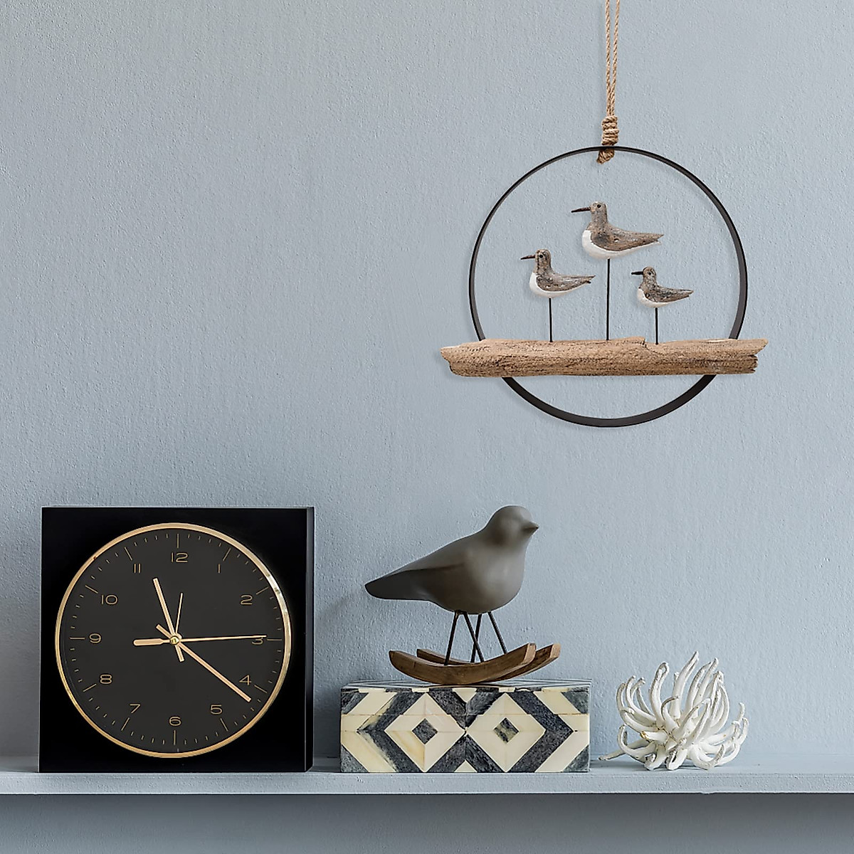 E-view Nautical Wood Wall Decoration Rustic Wooden Hanging Circle Ocean Home Decor Hand Carved Beach Themed Ornament for Door (Seagull)