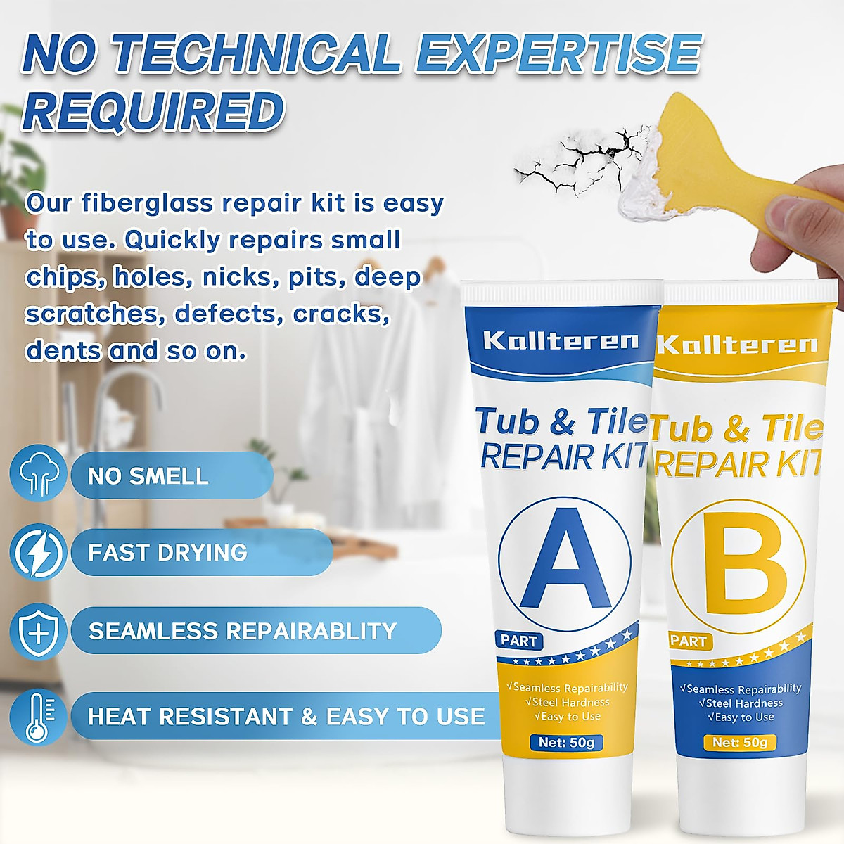 Porcelain Repair Kit, Fiberglass Tub Repair Kit, Tile and Bathtub Repair Kit for Any Cracks Chips, Quickly Repair Resin, Ceramic, Marble Shower Sink, Acrylic Quartz Countertop (White)