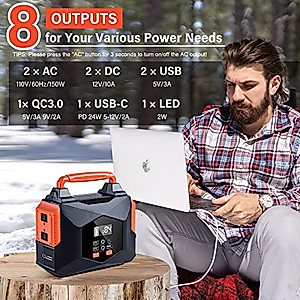 BailiBatt Portable Power Station 150W, 146Wh Camping Solar Generator, Lithium Battery Bank Power Supply with 2 110V/150W (Peak 300W) AC/2 DC/2 USB/ 1 QC 3.0/1 USB-C for CPAP Home Camping Emergency, Orange