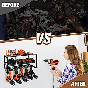Bothixi Power Tool Organizer, Black Garage Tool Organizer Wall Mount, Drill Holder Tool Storage Rack for 5 cordless Drill Holders,Utility Rack with Hooks, Men Father's Day Gifts