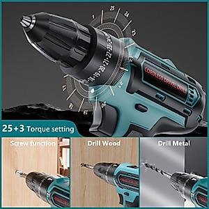 Cordless Power Drill Set with Battery and Charger,21V Cordless Drill Set, 25+3 Torque,2 Variable Speeds Electric Drill Set with 3/8'' Keyless Chuck,LED lights,2 Batteries