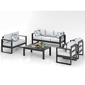 KHOLH 5 Piece Modern Aluminum Patio Furniture Set, Outdoor Patio Sectional Conversation Metal Seating Sets with Olefin Cushion and Coffee Table