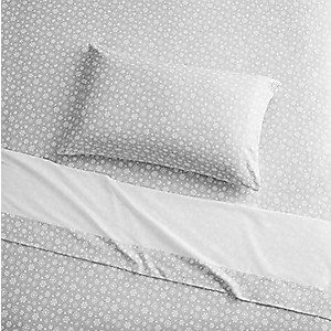 Brielle Home Flannel Sheet Set Cotton Soft Warm & Cozy Modern Chic with Elastic Deep Pockets, Queen, Snowflake Light Grey