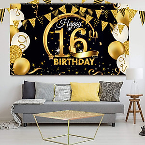 Blulu Birthday Party Decoration Extra Large Fabric Black Gold Sign Poster for Anniversary Photo Booth Backdrop Background Banner, Birthday Party Supplies, 72.8 x 43.3 Inch (16th)
