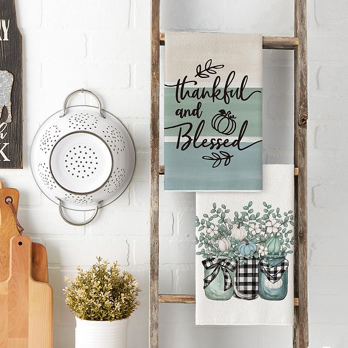 Artoid Mode Eucalyptus Leaves Buffalo Plaid Pumpkin Hello Fall Kitchen Towels Dish Towels, 18x26 Inch Vase Decoration Hand Towels Set of 4