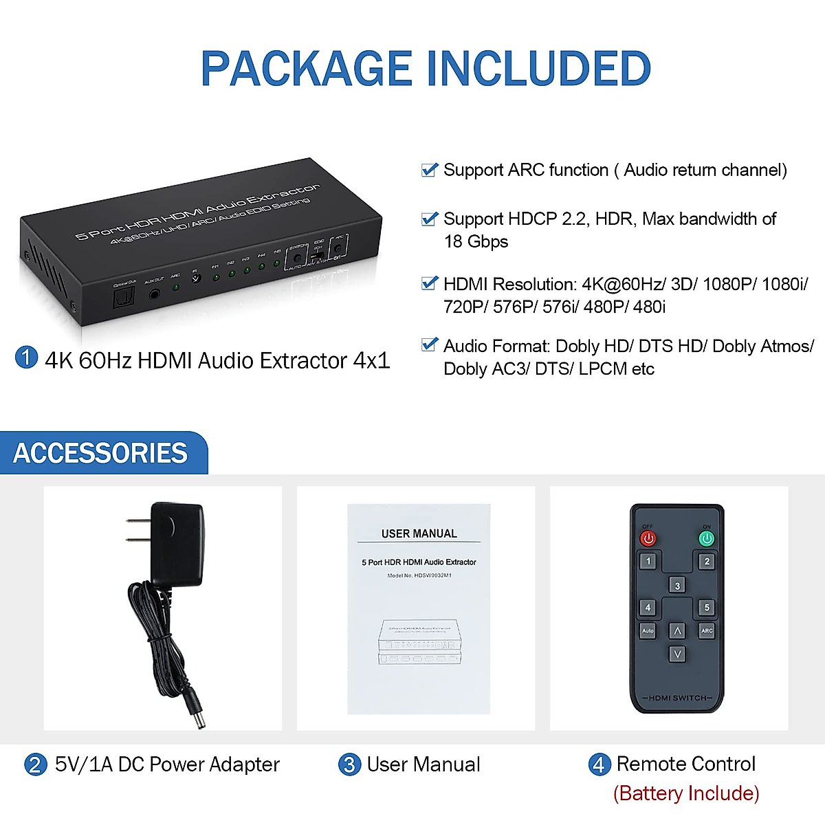 4K@60Hz HDMI Switch 5x1 with Audio Extractor, avedio links 5 Port HDMI Switcher with Optical SPDIF + 3.5mm Audio, 5 in 1 Out HDMI Audio Selector Switch Box with Remote Support HDR10 ARC 18Gbps HDCP2.2