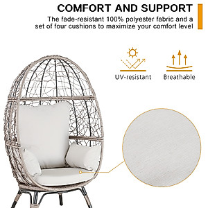 Patio Tree Outdoor Wicker Egg Lounge Chair, Patio Steel Rattan Lounge Chair with 4 Removable Cushions, Beige