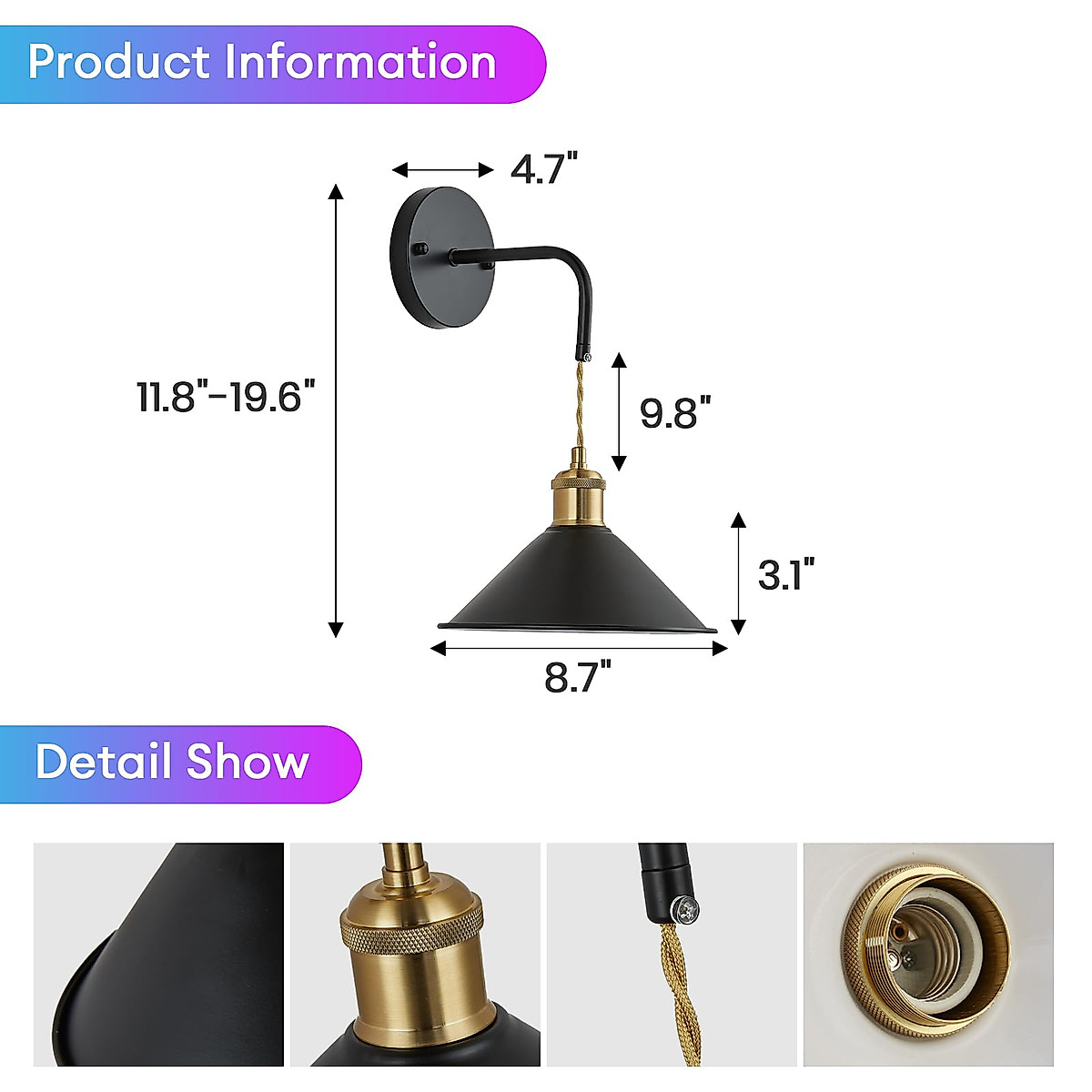 7PMBEANE Black Battery Operated Wall Sconce, Industrial Wall Sconce Set of 2, 13 RGB Cordless or Hardwired Wall Light Fixturewith Remote for Bedroom, Living Room, Hallway