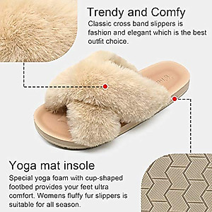 KuaiLu Womens furry ladies slides Open Toe Slippers cozy Lightweight Soft Yoga Mat Cross Band Slippers fluffy warm Slippers
