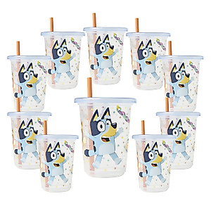 The First Years Bluey Take & Toss Toddler Straw Cups - Spill Proof Toddler Sippy Cups with Snap On Lids and Straws - Bluey Gifts and Bluey Party Supplies - 10 Oz - 10 Count