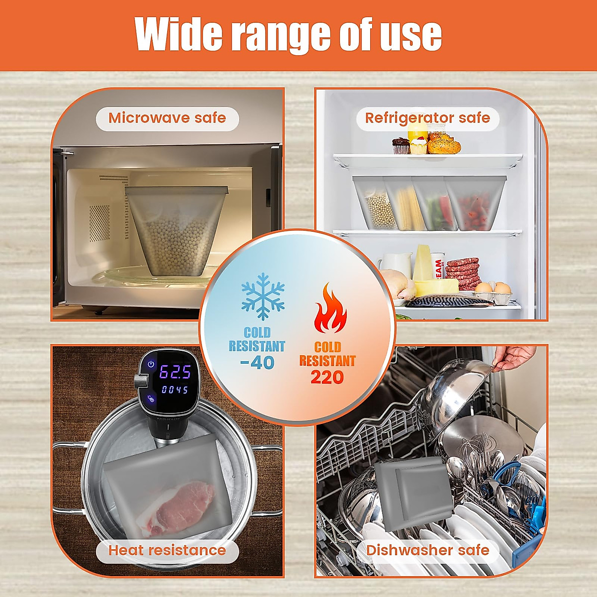 8 Pack Silicone Food Bags, Silicone Reusable Freezer Bag, Reusable Bags, Freezer Microwave Oven Dishwasher Safe for Food Leftover Travel Camping (Gray)