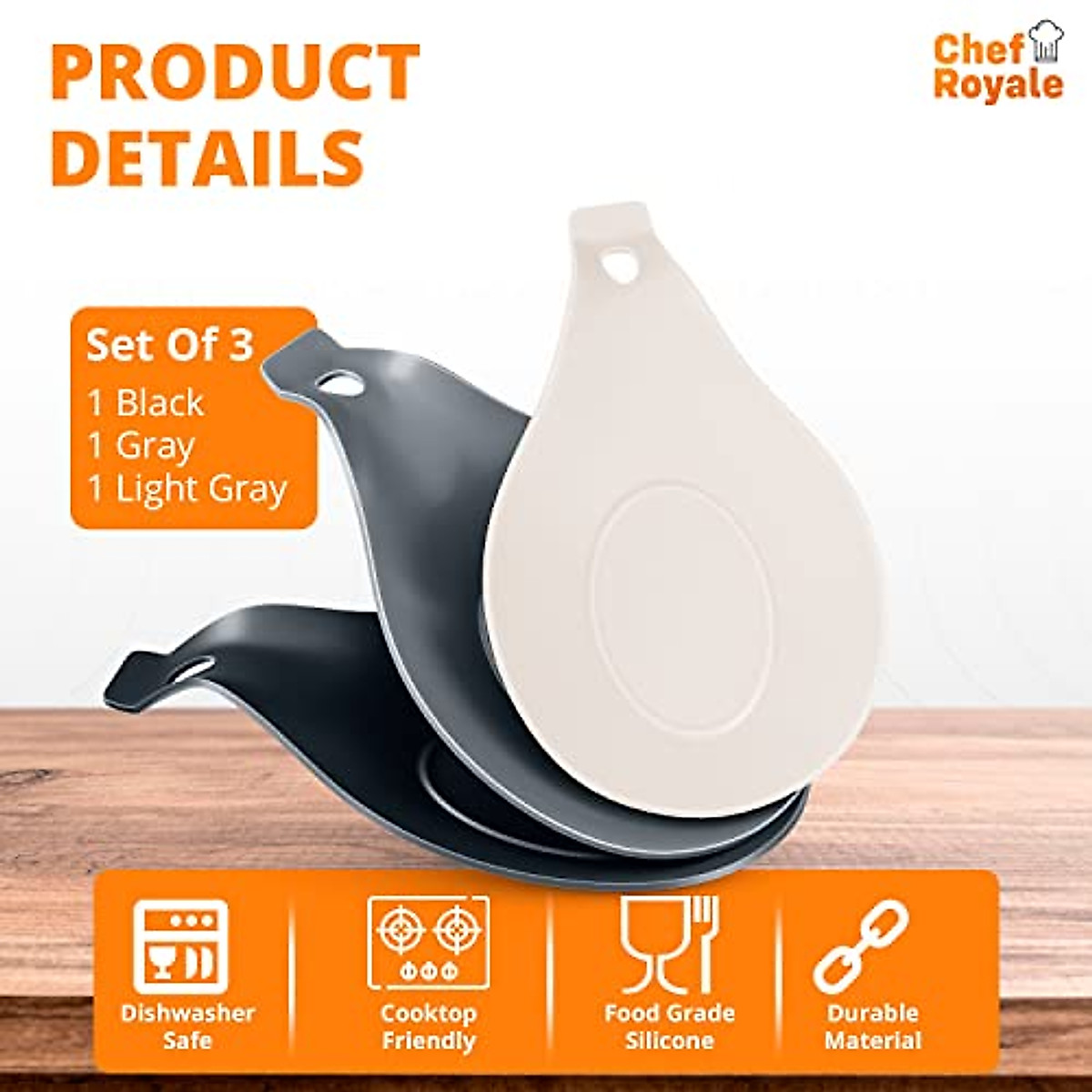 Chef Royale Silicone Spoon Rest (Set of 3) Black, Gray & Light Gray | Heat Resistant & BPA-Free Kitchen Utensil Holder | Clean Spoon Holder for Stove Top | Cooking Spoon Holder For Kitchen Counter