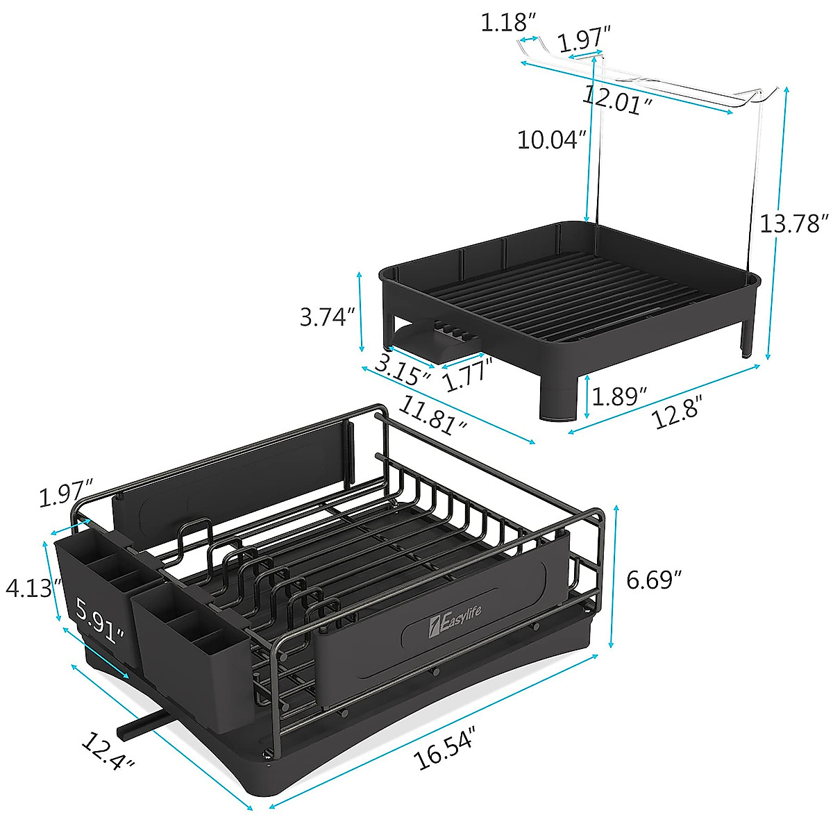 1Easylife Dish Drying Rack, 2 Pieces Large Dish Rack Drainboard Set for Kitchen Counter, Rustproof Dish Drainers with Drainboard, Adjustable Swivel Spout, Wineglass and Utensil Holder for Big Family