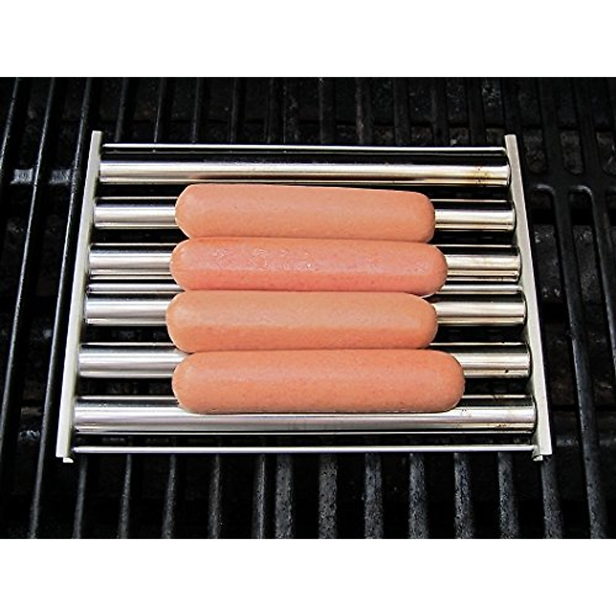 i Kito Charcoal Stainless Steel Hot Dog Sausage Roller Rack Steamer with Extra Long Wood Handle New BBQ Tools 5 Section Brat Griller