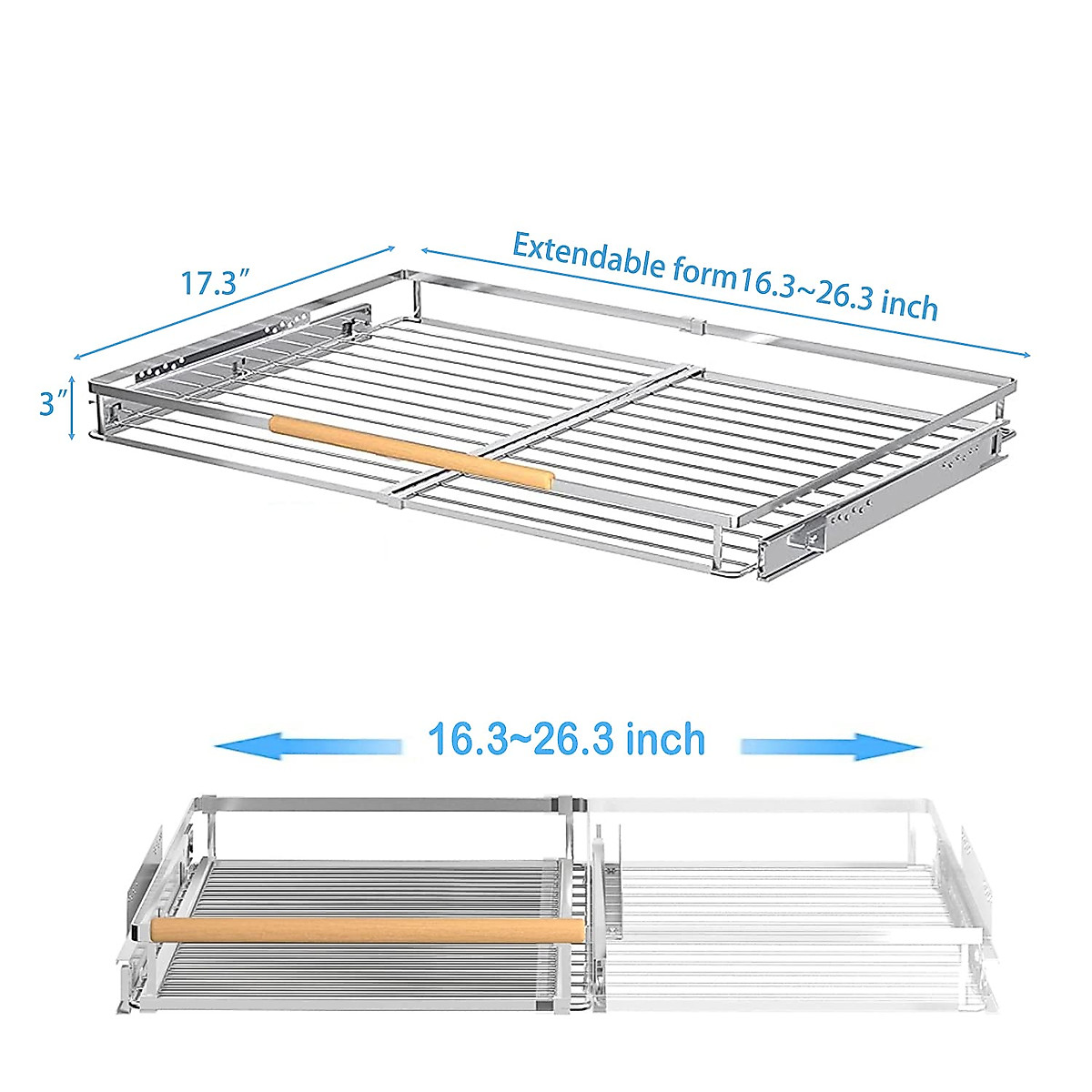 Redrubbit Expandable Pull Out Drawers Cabinet Shelf Organizer, Heavy Steel Metal Wire Slide Out Kitchen Pantry Organizer Storage Shelf, Adjustable Width 16.3~26.3"x17.3" D