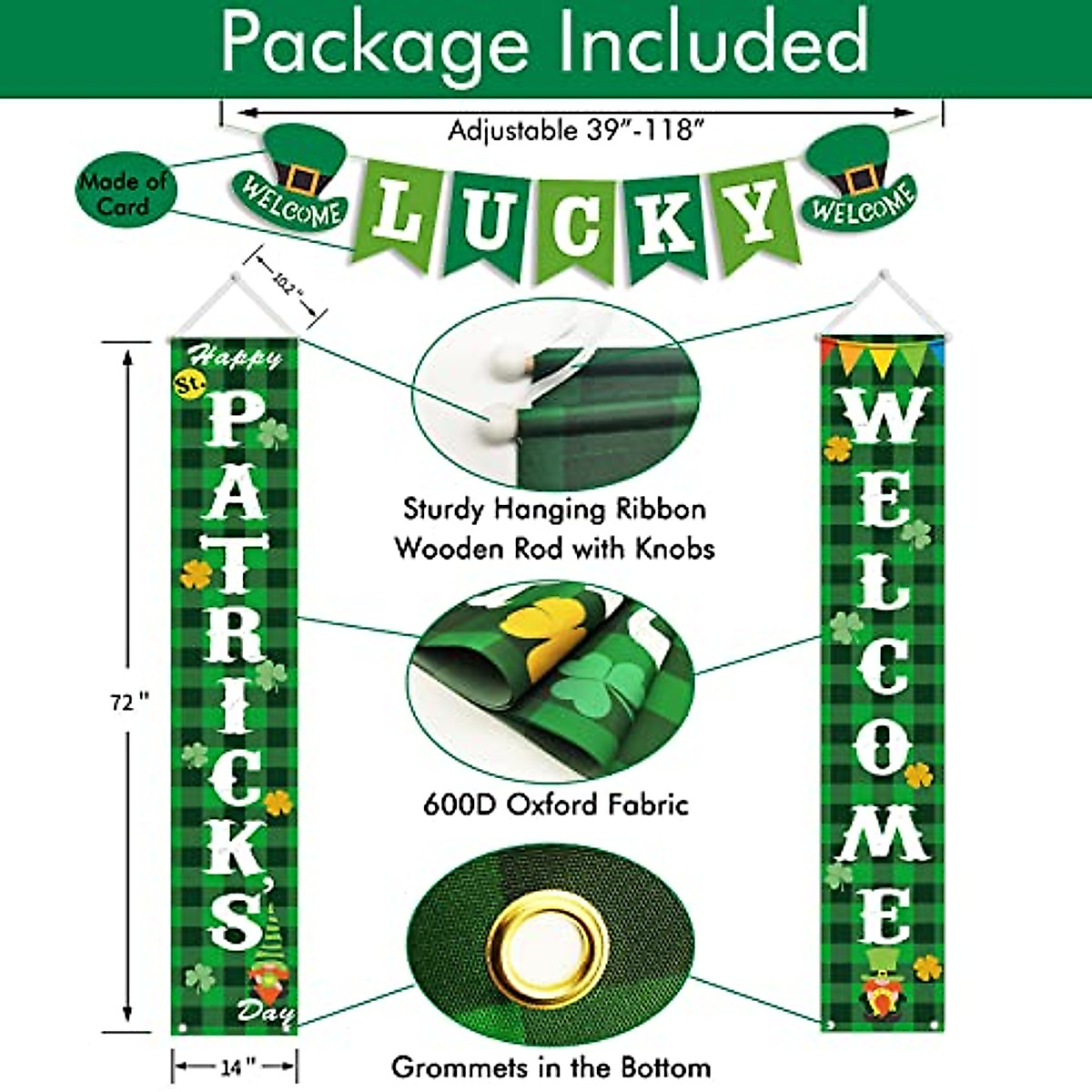 St Patricks Day Decorations Outdoor, Green Buffalo Check Plaid Welcome Banners Porch Signs W LUCKY Garland Banner, Irish Shamrock Happy Saint Patrick's Day Décor for Home Party Door Classroom Office