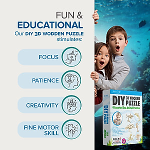 Hands Craft DIY 3D Wooden Puzzle – 6 Assorted Sea Animals Bundle Pack Set Brain Teaser Puzzles Educational STEM Toy Adults and Kids to Build Safe and Non-Toxic Easy Punch Out Premium Wood JP2B5