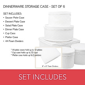 LAMINET 6 Piece Quilted Dinnerware Storage Starter Set - Includes 4 Plate Cases, 1 Cup Case & Platter Case - White